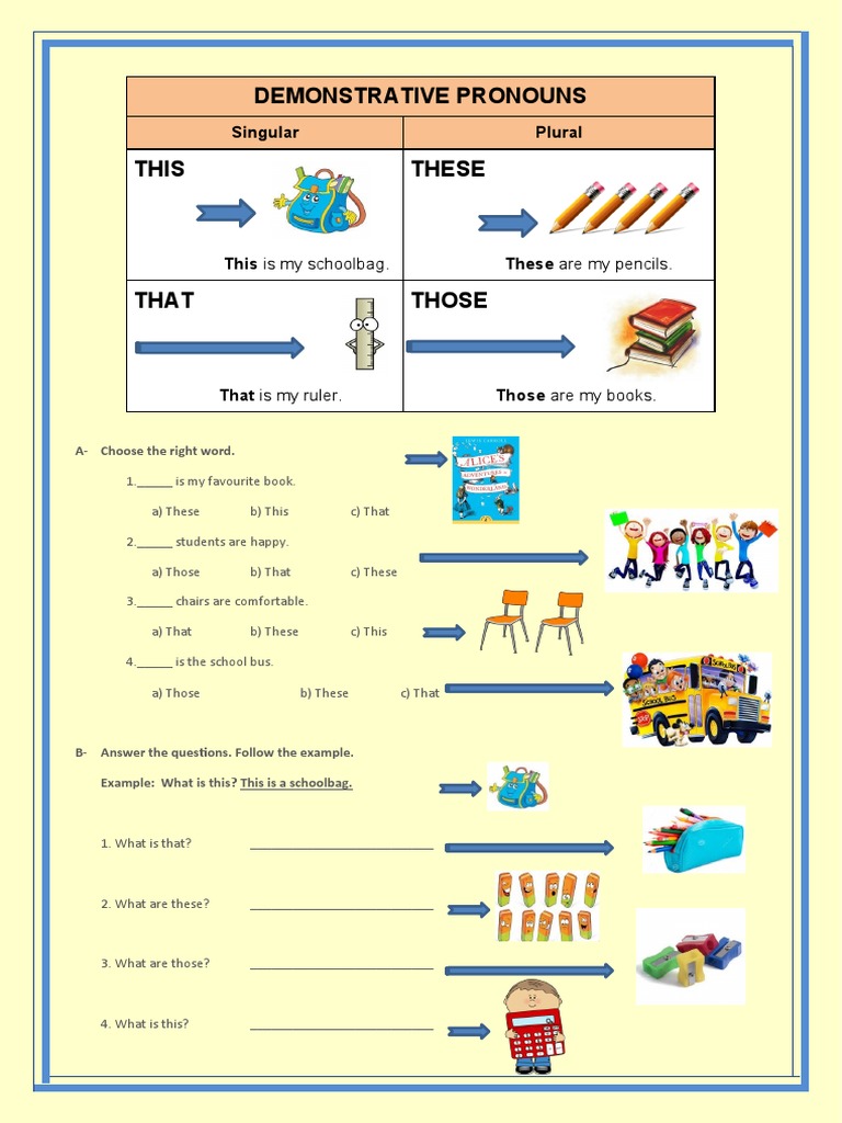 Demonstrative Pronouns Picture Description Exercises Reading ...