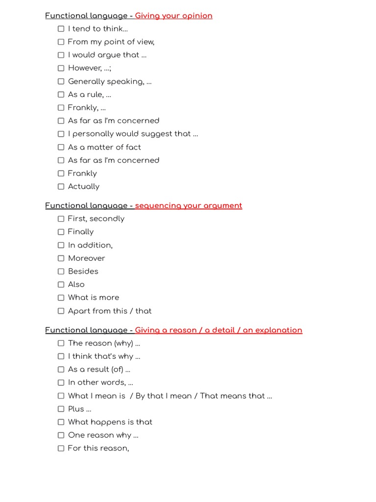Functional Language - Checklist | PDF | Reason | Linguistics