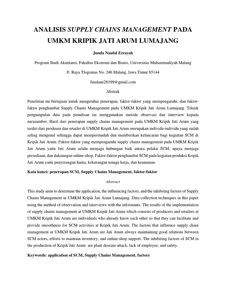 ANALISIS SUPPLY CHAINS MANAGEMENT PADA UMKM KRIPIK JATI ARUM LUMAJANG (Junda Naufal Eresyah) | PDF