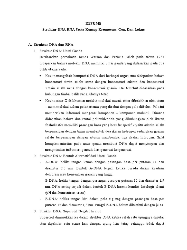 Resume Struktur DNA RNA Serta Konsep Kromosom, Gen, Dan Lokus | PDF ...