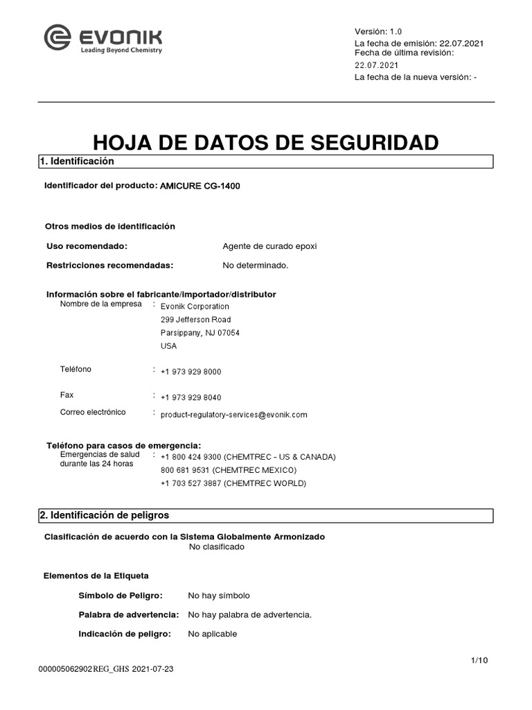 Amicure CG1400 - MSDS GHS (Origen Esp) | PDF | Toxicidad | Agua