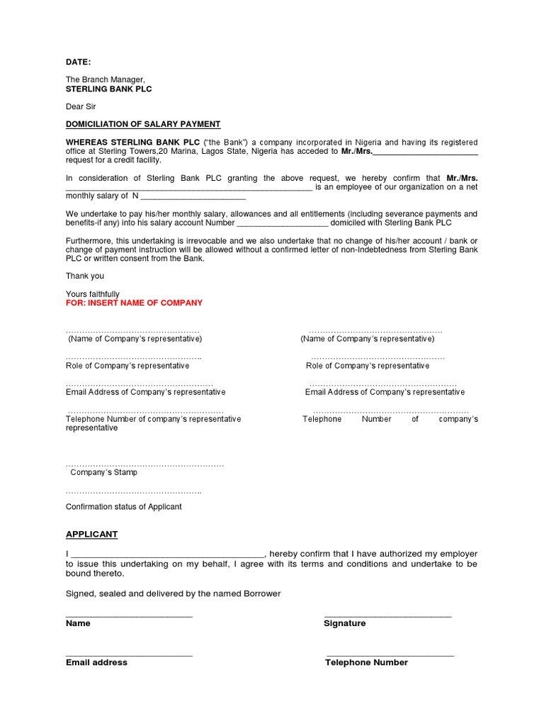 Letter of Authorization for Salary Domiciliation to Secure a Bank Loan ...