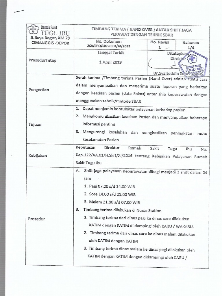 SPO Timbang Terima (Hand Over) Antar Shif Jaga Perawat Dengan Tehnik ...