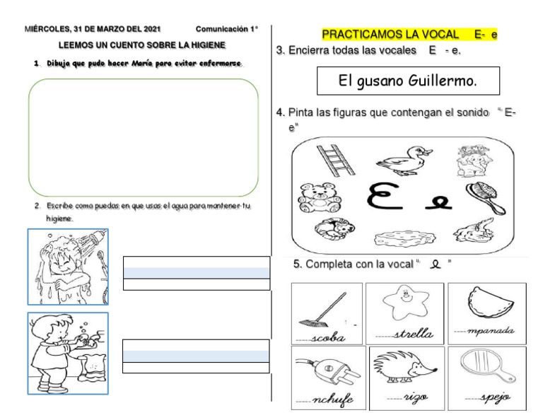 Práctica de lectura y escritura enfocada en la vocal "e | PDF