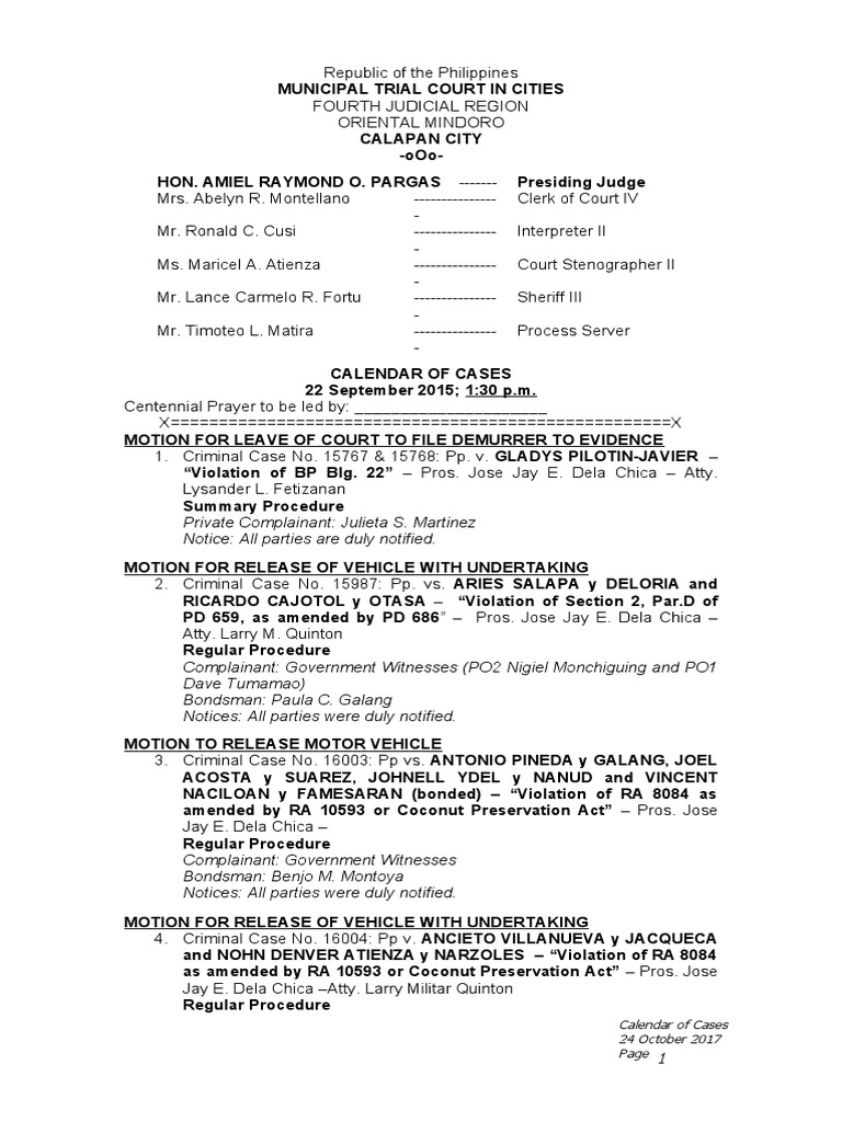 Calendar of Cases 24 October 2017 | PDF | Government Institutions ...