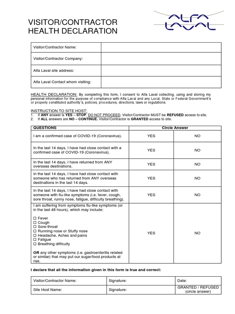 Visitor/Contractor Health Declaration Form ORM: Questions Circle Answer ...