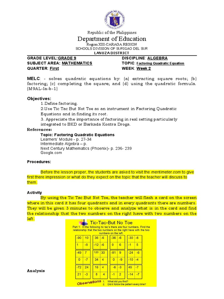 lesson-plan-Q2-FACTORING QUADRATIC EQUATION | PDF | Quadratic Equation ...