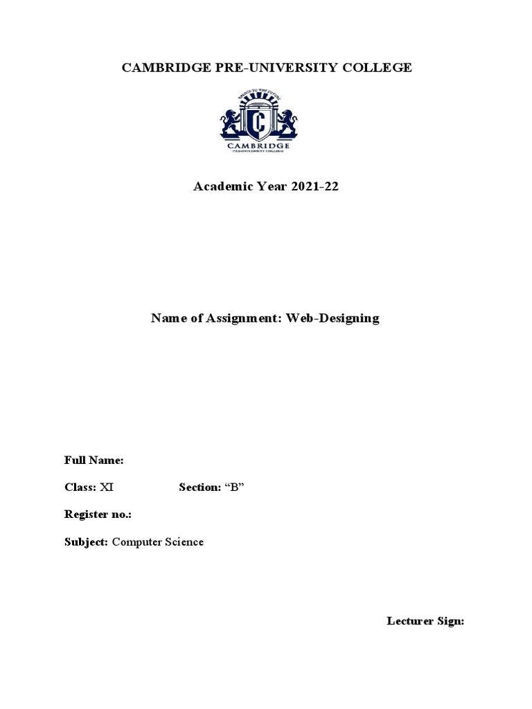 Cambridge Pre-University College: Full Name: Class: XI Section: "B" Register No.: Subject ...