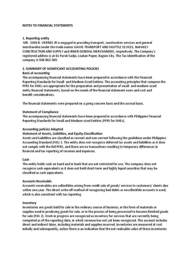 Notes To Financial Statements Template | PDF | Expense | Depreciation