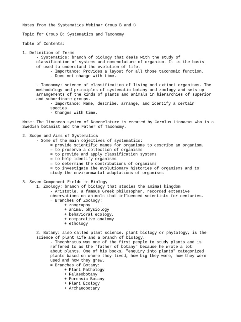 Notes from the Systematics Webinar Group B and C: An Overview of Key ...
