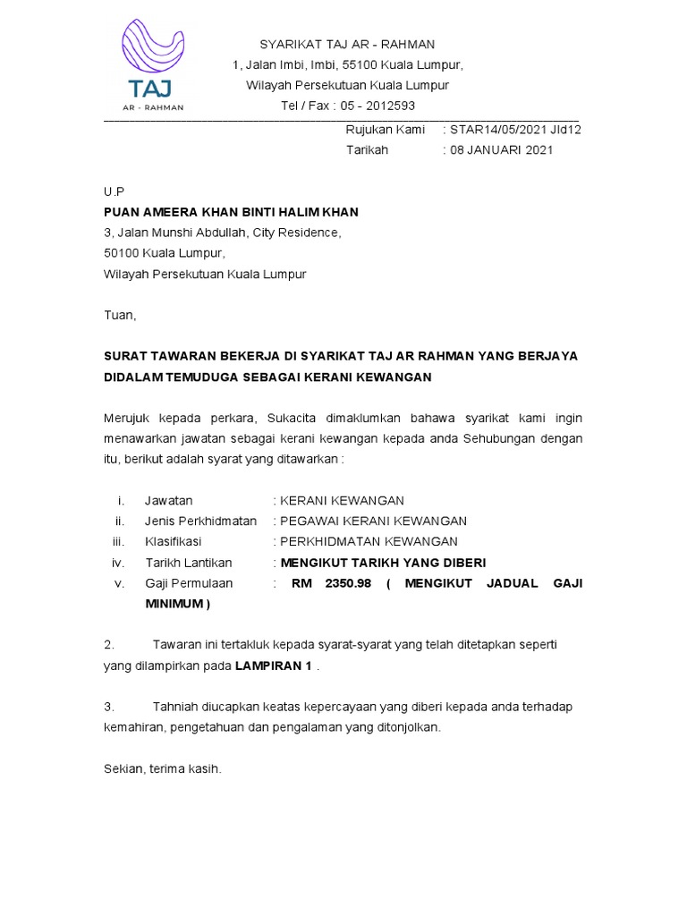 Contoh Surat Tawaran Kerja | PDF