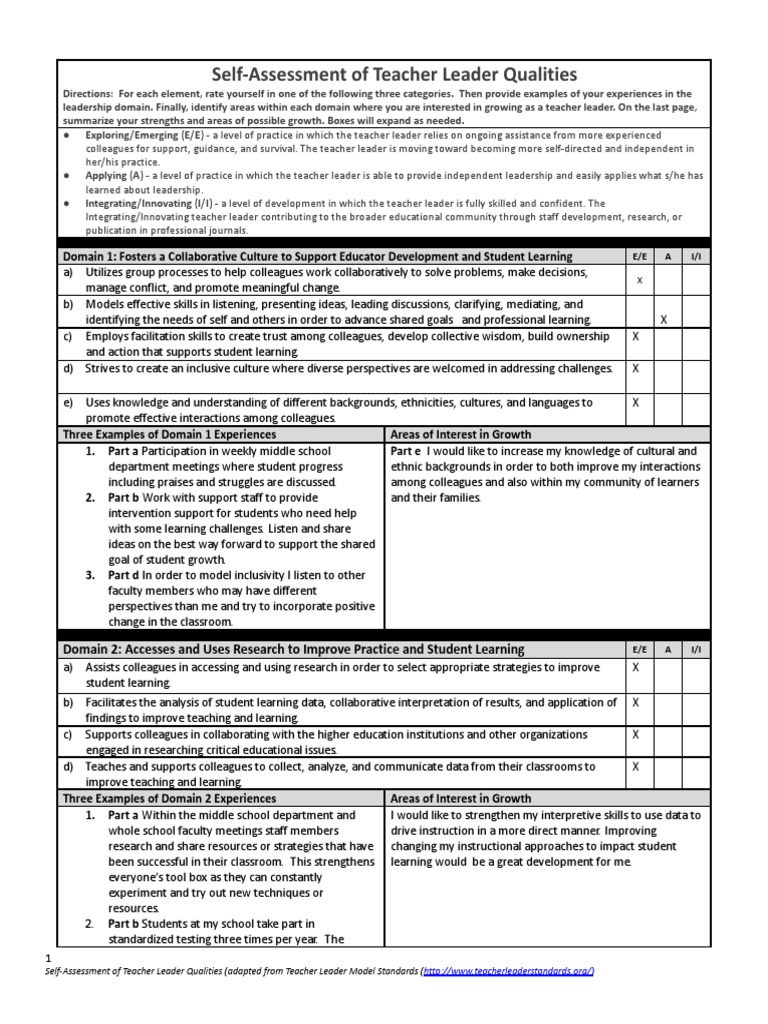 Ds 2 13 22 Teacherleaderselfassessment | PDF | Educational Assessment ...