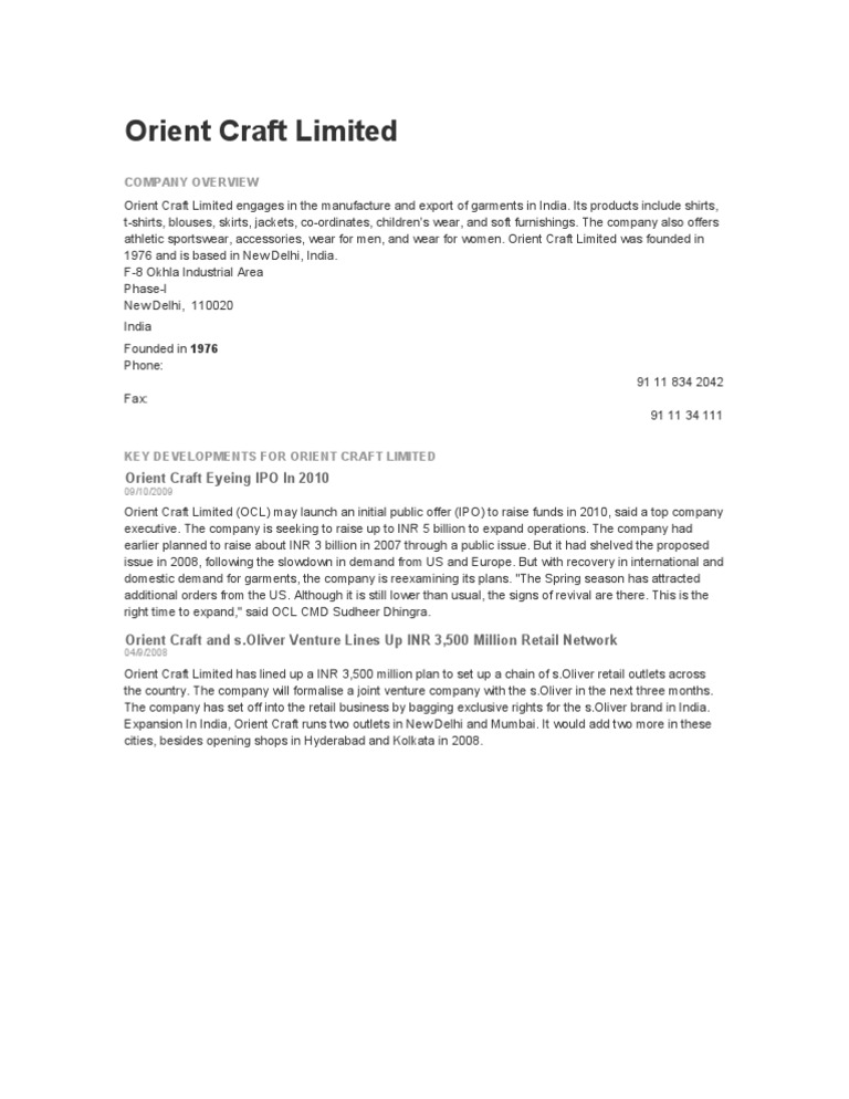 Orient Craft Limited: Garment Manufacturer | PDF | Business