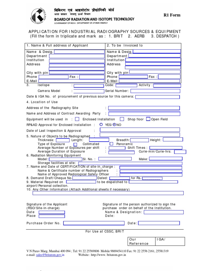 Fill The Form in Triplicate and Mark As: 1. BRIT 2. AERB 3. DESPATCH ...