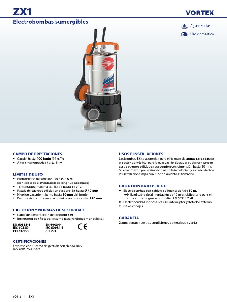 BOMBA SUMERGIBLE ZX1 VORTEX - ES - 60Hz | PDF | Cantidades fisicas | Ingenieria Eléctrica