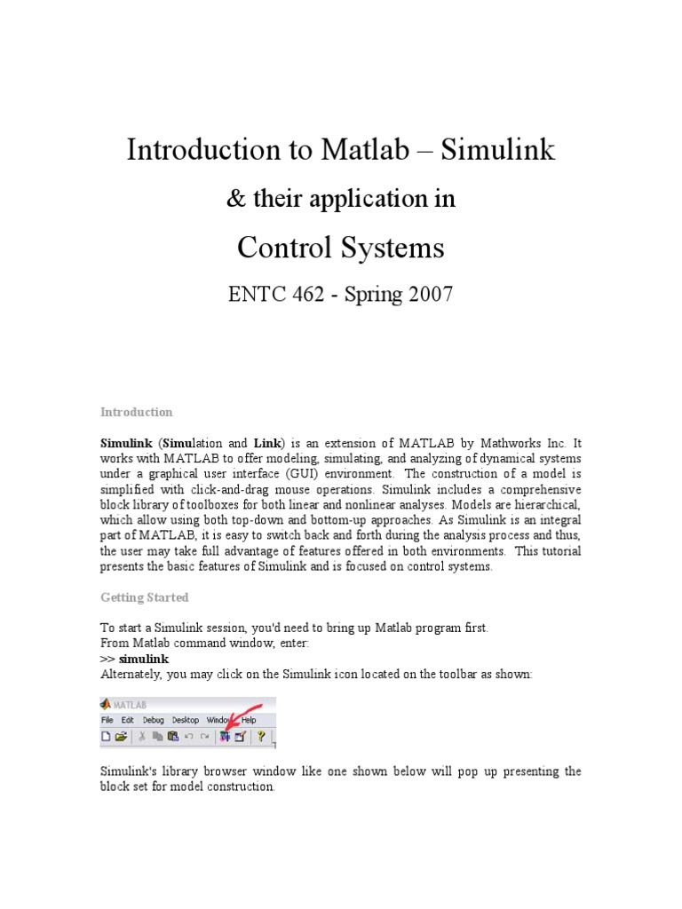 Introduction To Matlab - Simulink Control Systems: & Their Application ... Introduction To Matlab - Simulink Control Systems: & Their Application ...