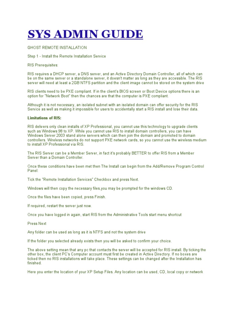 Sys Admin Guide: Limitations of RIS | PDF | Installation (Computer Programs) | Booting