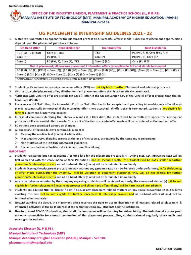 MIT Manipal Placement Guidelines 2021-22 | PDF | Internship | Job Hunting