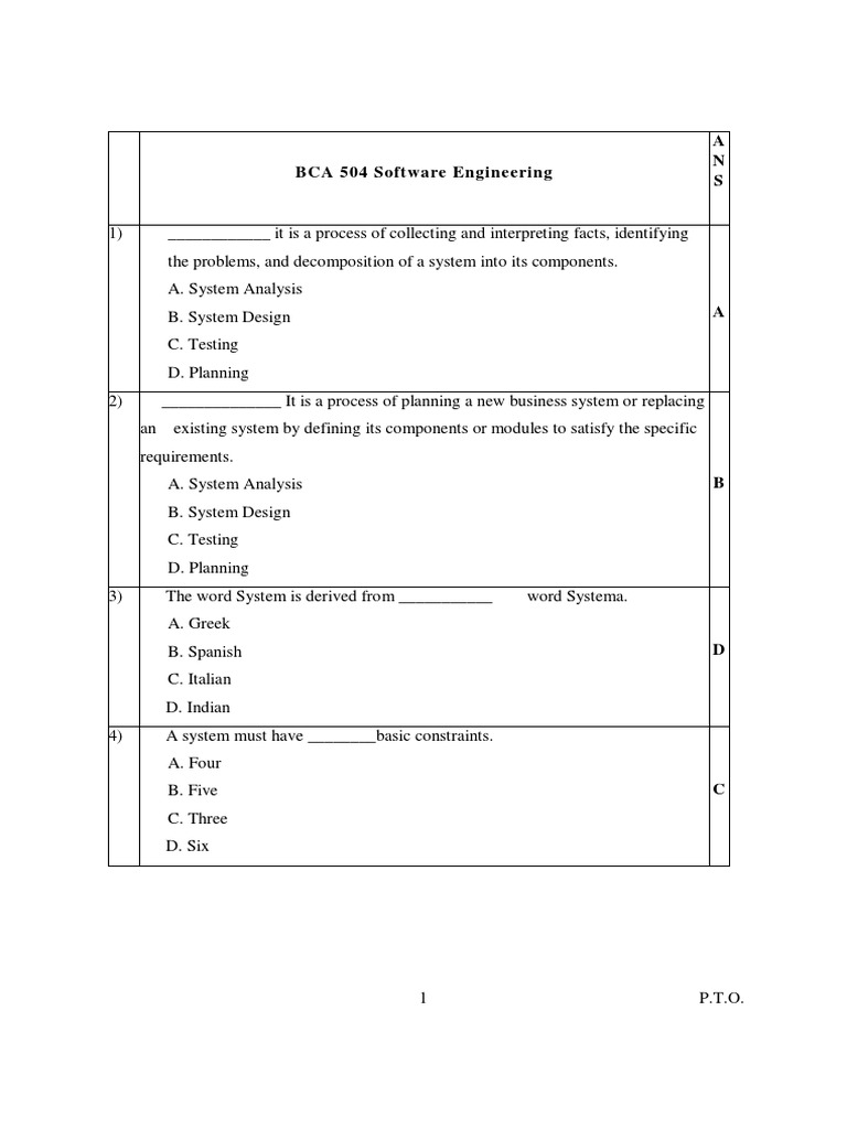 BCA 504 Software Engineering Exam Guide | PDF | Software Development Process | System