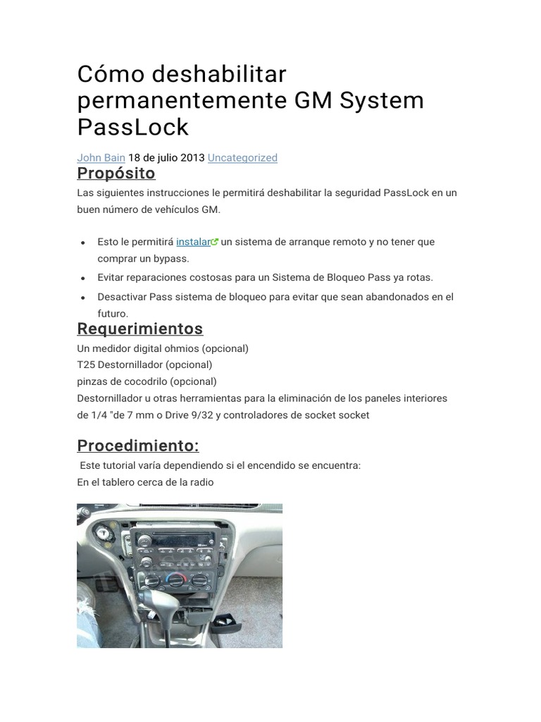Cómo Deshabilitar Permanentemente GM System PassLock | PDF