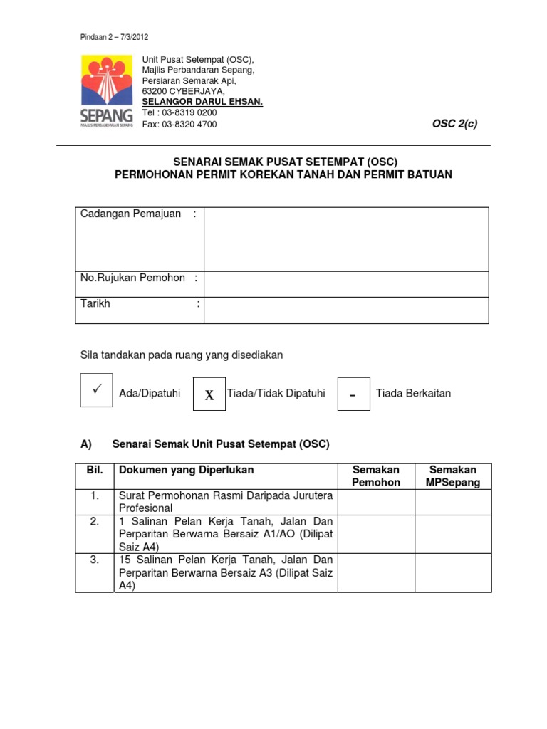 Senarai Semak Pusat Setempat (Osc) Permohonan Permit Korekan Tanah Dan ...