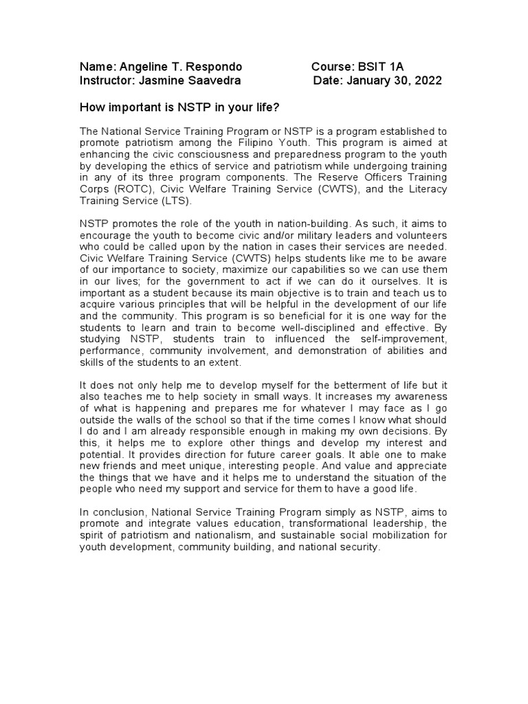 NSTP's Importance in Life and Development | PDF | Learning | Behavior Modification