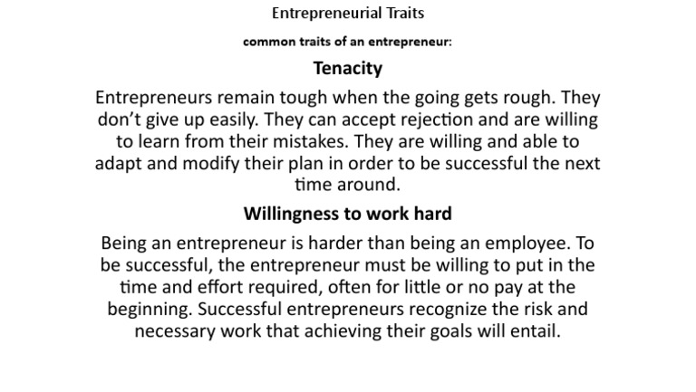 Tenacity: Common Traits of An Entrepreneur | PDF | Self-Improvement