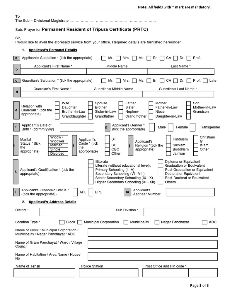Permanent Resident of Tripura Certificate (PRTC) : 1. Applicant's ...