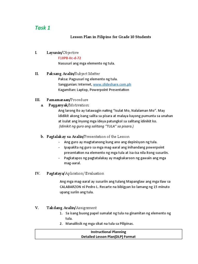 Lesson Plan in Filipino For Grade 10 Students | PDF