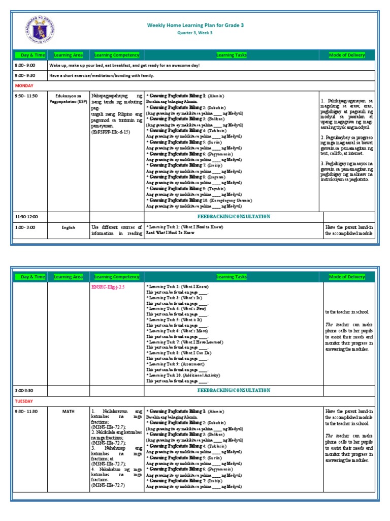 Grade 3 - All Subjects - WHLP - Q3 - W3 | PDF