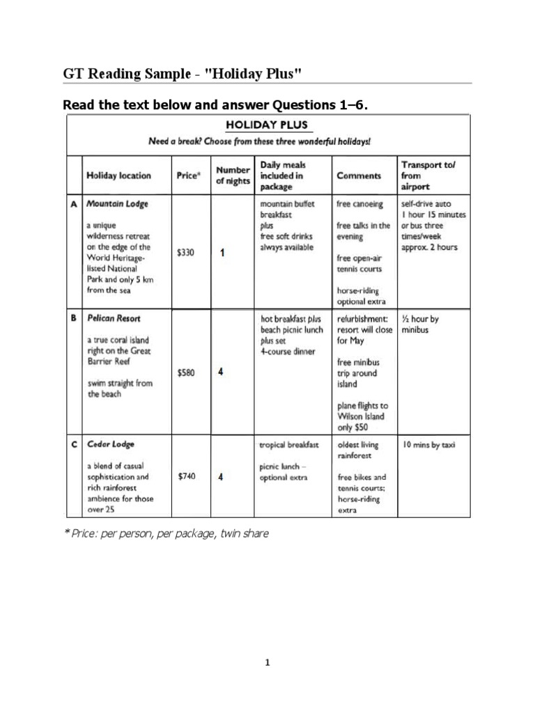 GT Reading Sample - "Holiday Plus": Read The Text Below and Answer ...