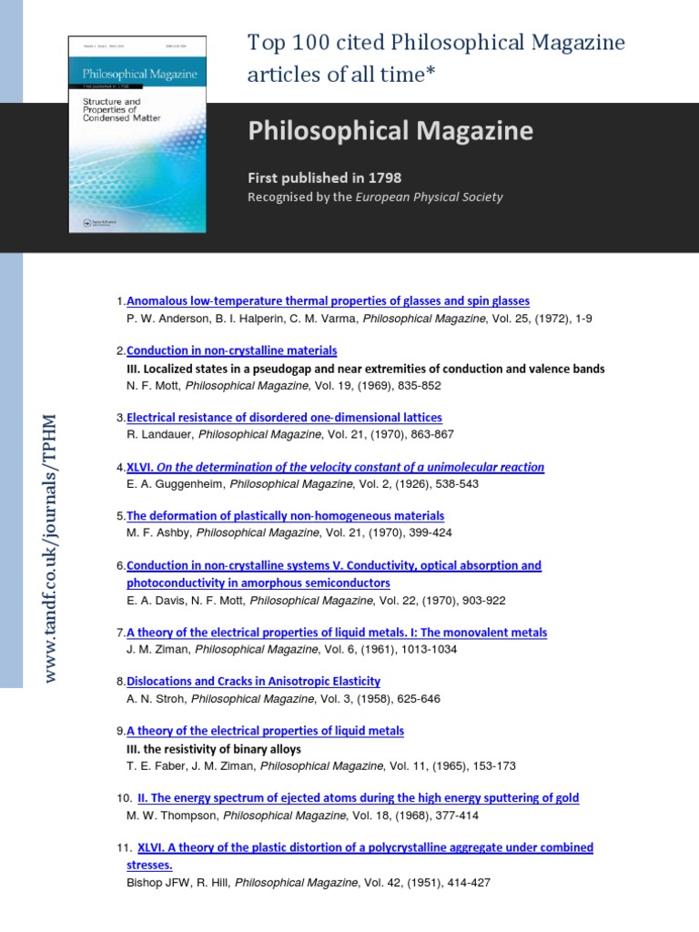 Philosophical Magazine: Top 100 Cited Philosophical Magazine Articles ...