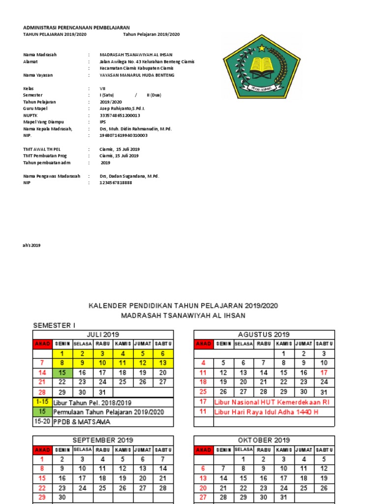Contoh KALDIK MTs TH PEL 2019-2020 | PDF