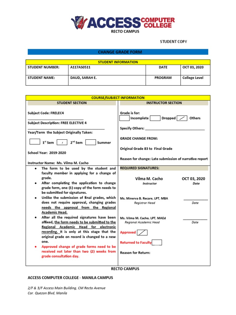 Change of Grade Form | PDF