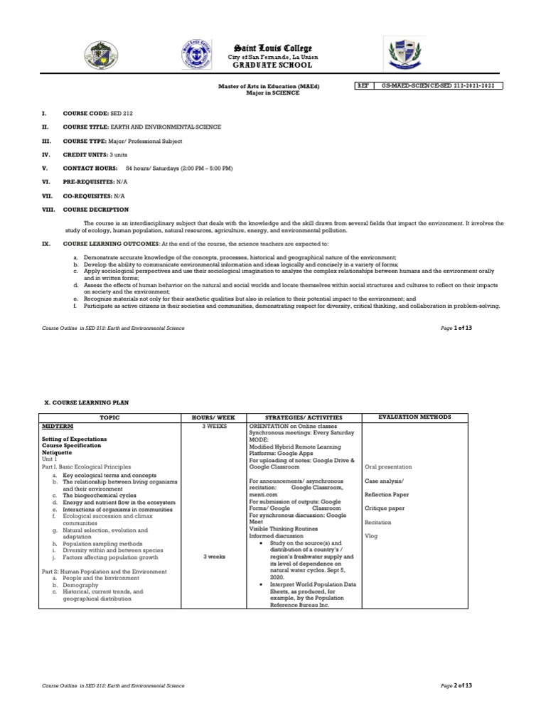 SED 212 Course Outline: Earth Science | PDF | Sustainability | Ecology