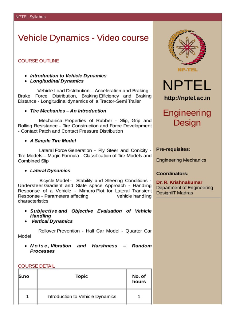 Nptel: Vehicle Dynamics - Video Course | PDF | Tire | Vehicles