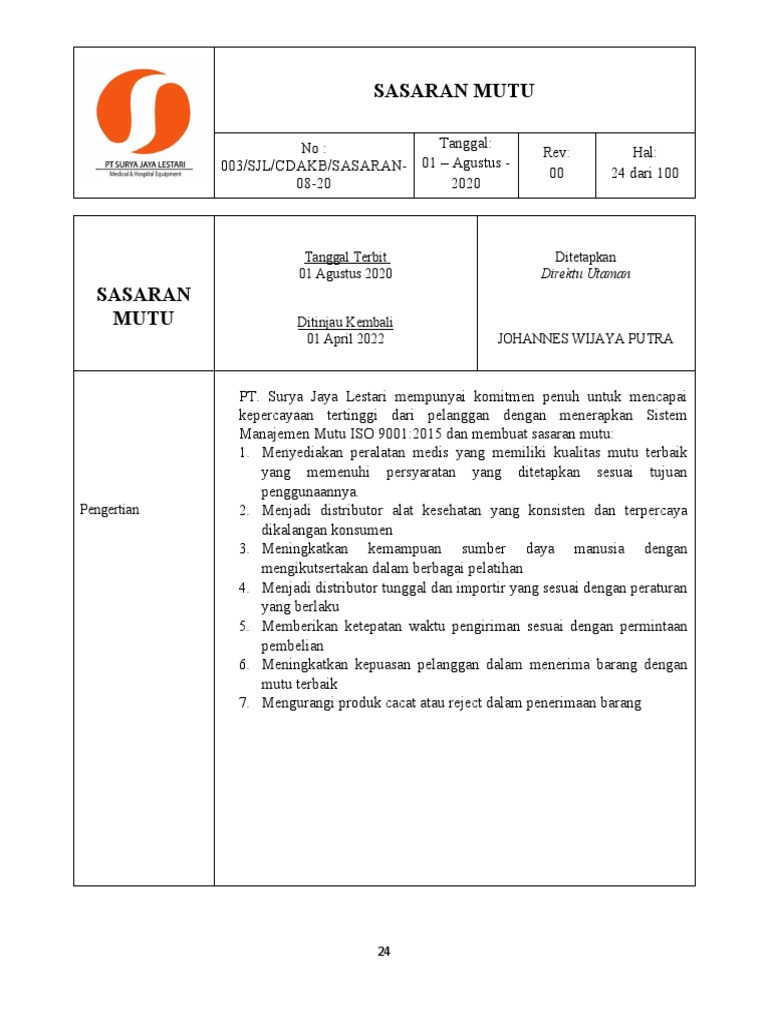 Sasaran Mutu PT SURYA JAYA LESTARI | PDF | Bisnis