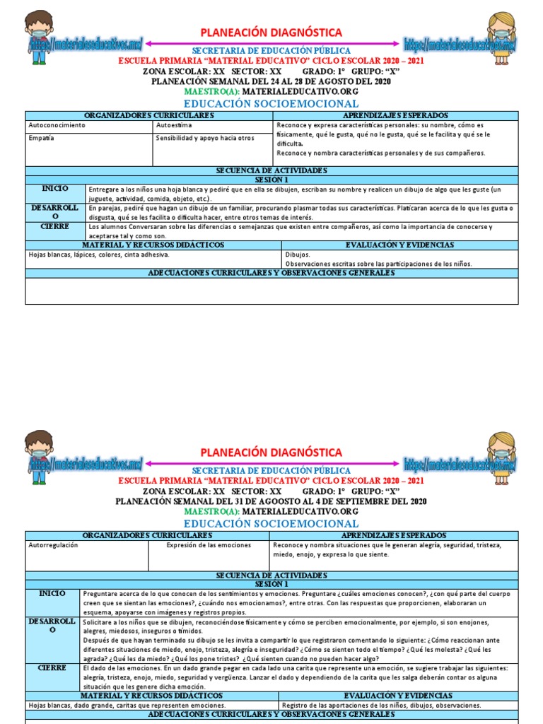 Planeación Socioemocional 1° Grado | PDF | Las emociones | Educación ...