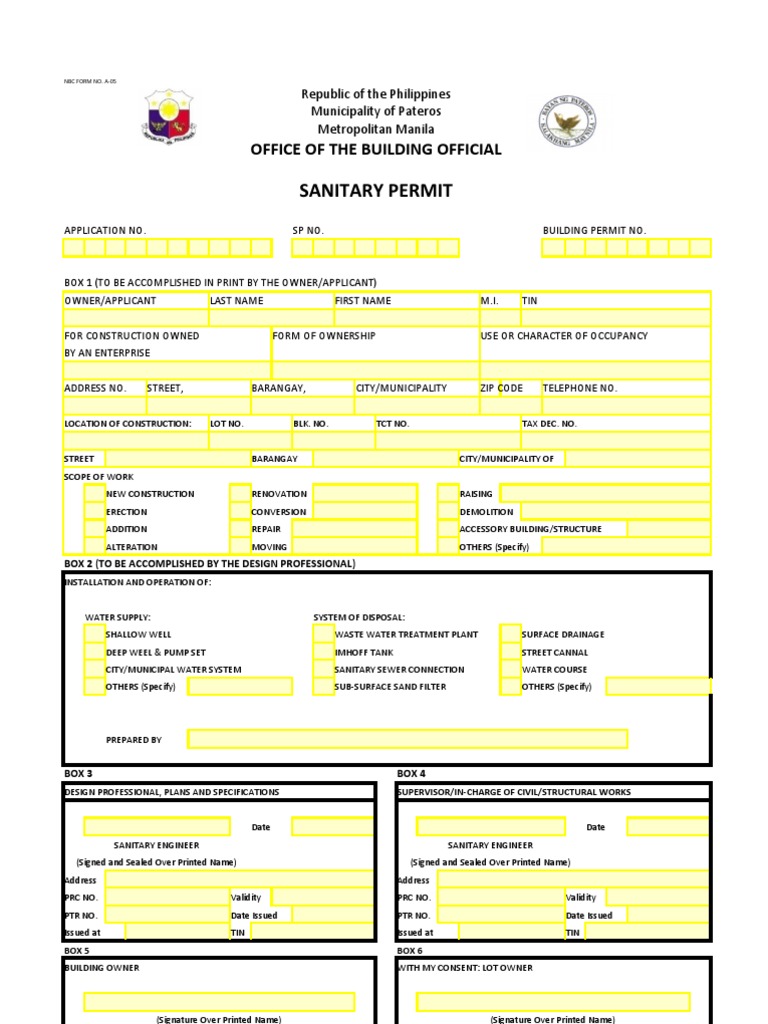 Sanitary Permit Application Form | PDF | Sanitation | Hydraulic Engineering