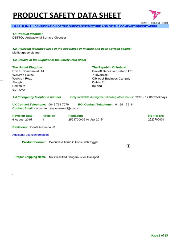 Dettol Surface Cleaner Safety Data Sheet | PDF | Occupational Safety ...