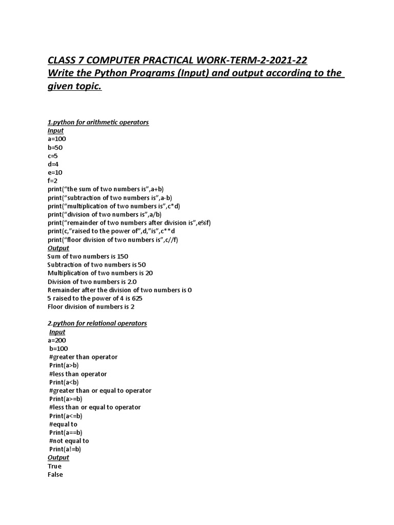 Class 7 Computer Practical Work-Term-2-2021-22 Write The Python ...