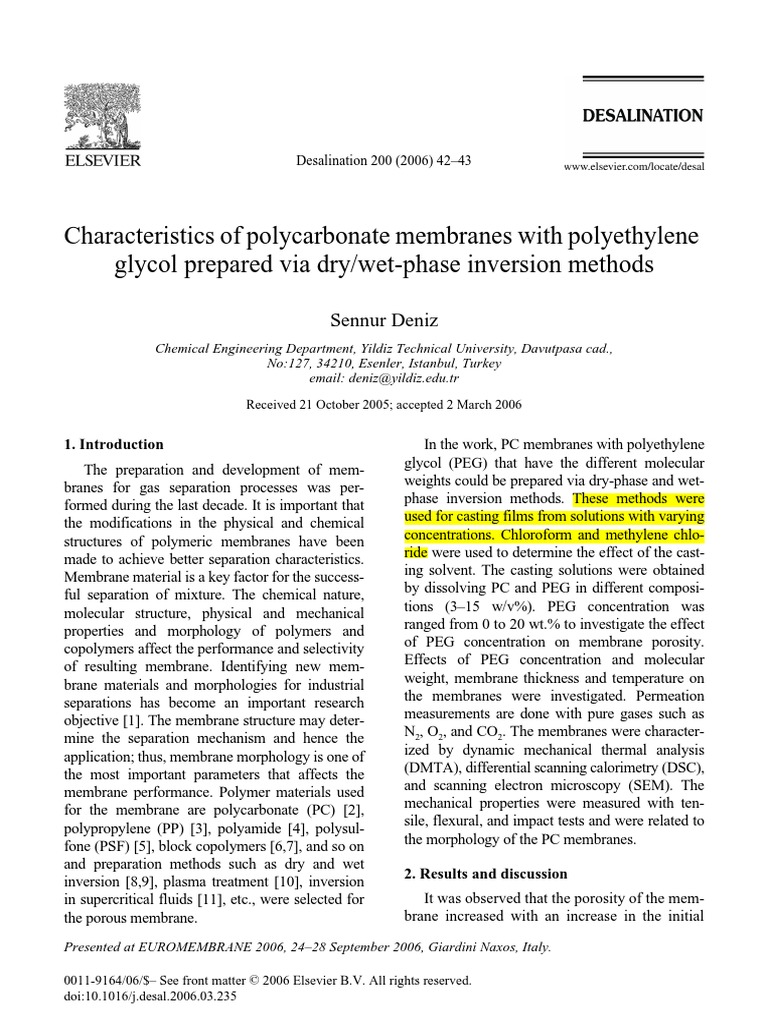 Characteristics of Polycarbonate Membranes With Polyethylene Glycol ...