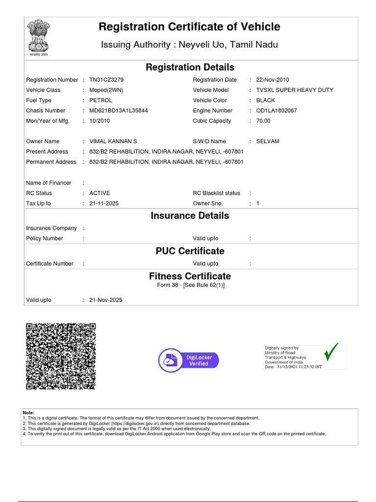 Vehicle Registration Certificate - Neyveli | PDF | Transport | Vehicles