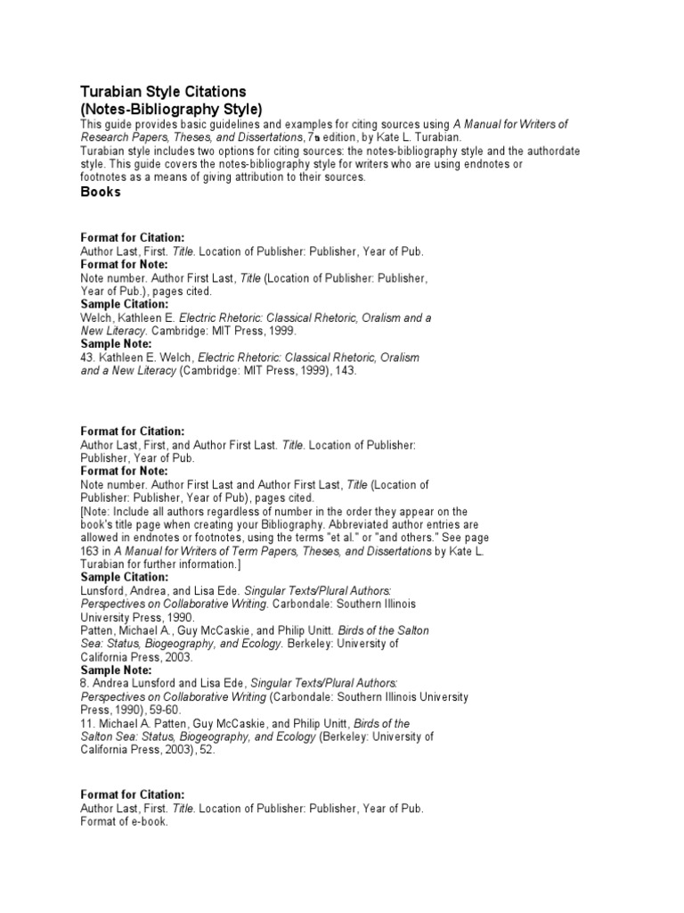 Turabian Style Citations (Notes-Bibliography Style) : Books | PDF | A ...