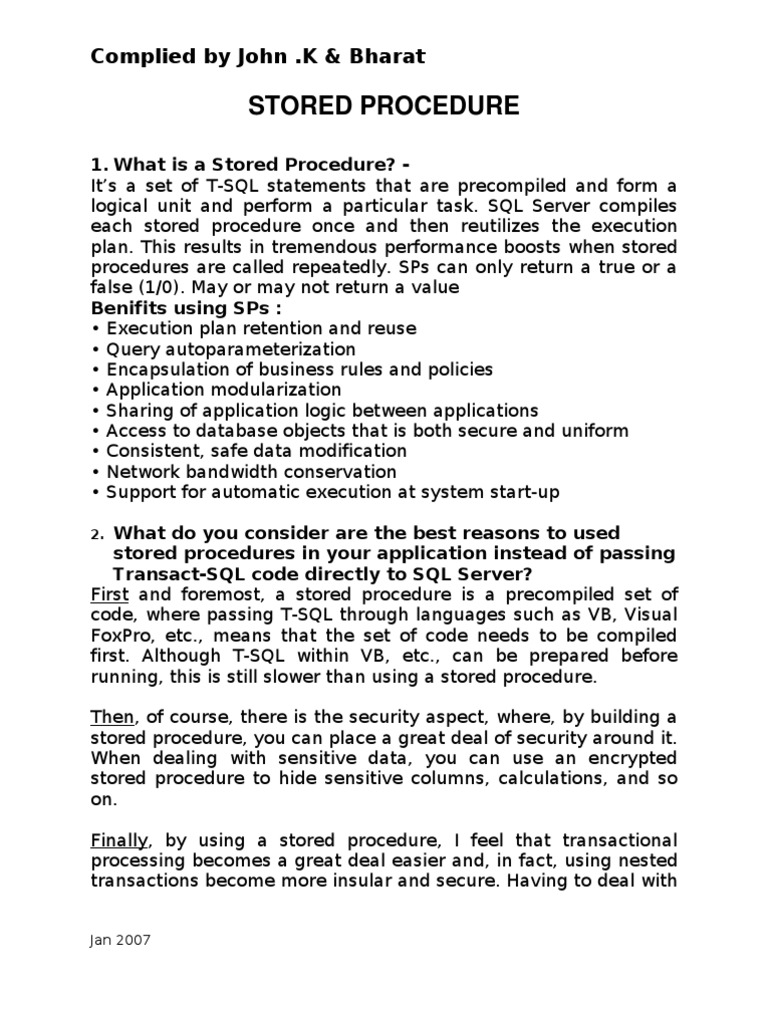 Stored Procedure: Complied by John .K & Bharat | PDF | Subroutine | Database Index