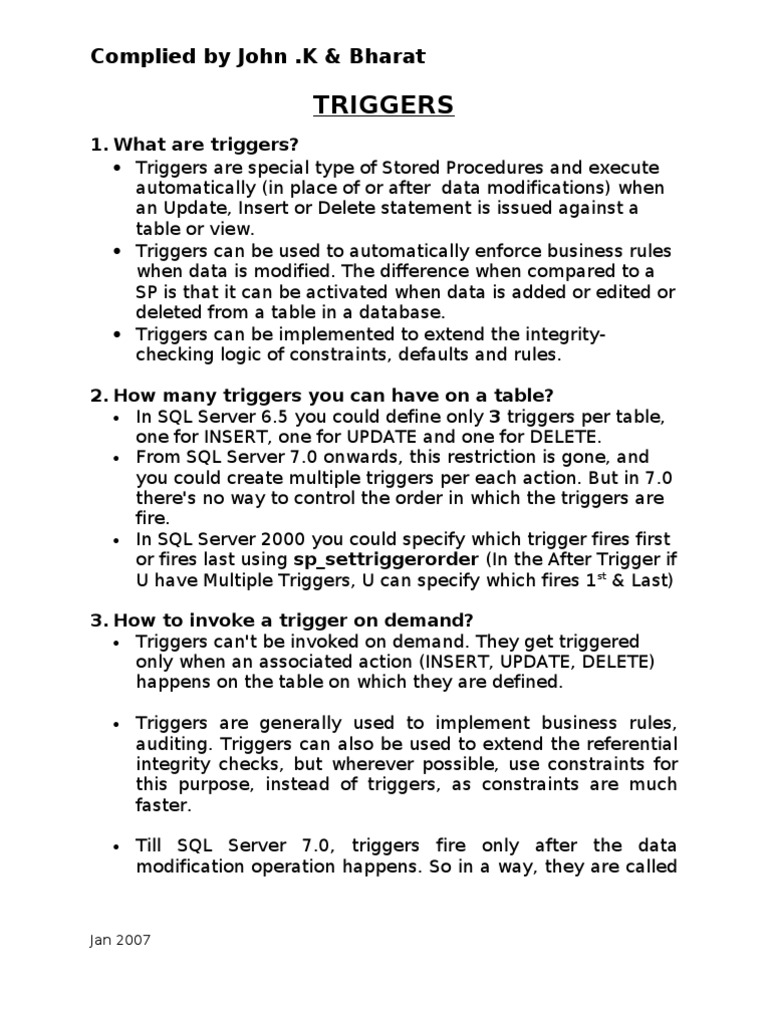Triggers: Complied by John .K & Bharat | PDF | Data | Information Retrieval