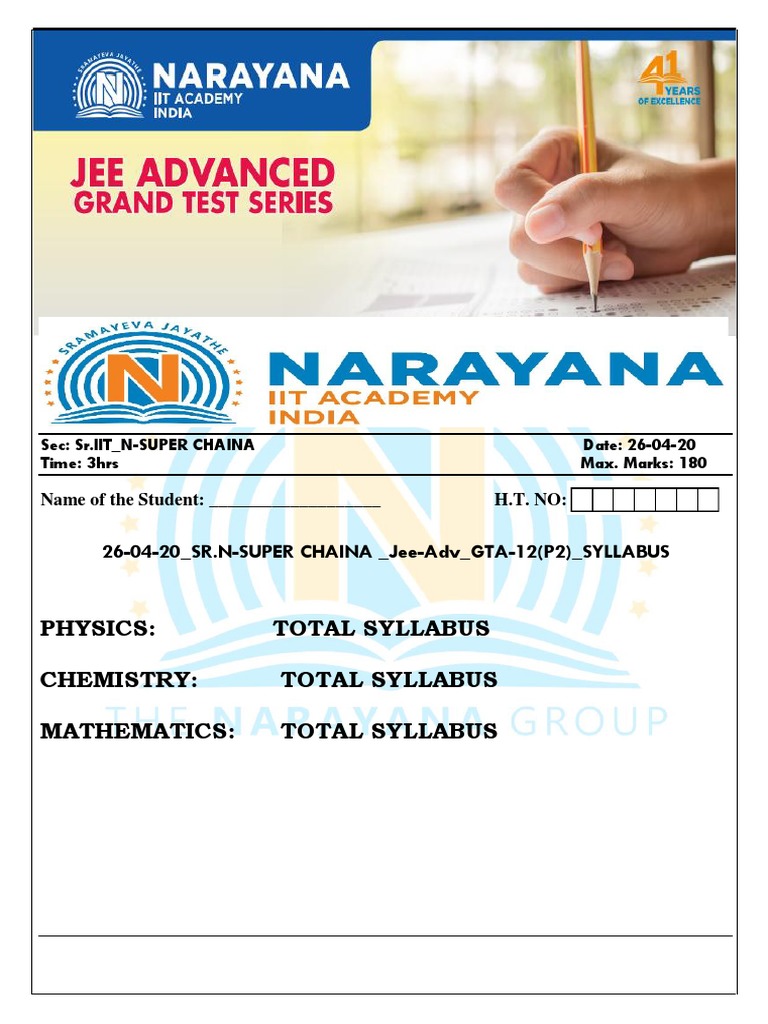 Narayan Iit Academy Grand Test Series Jee Advance Paper 2 Date 26-04 ...