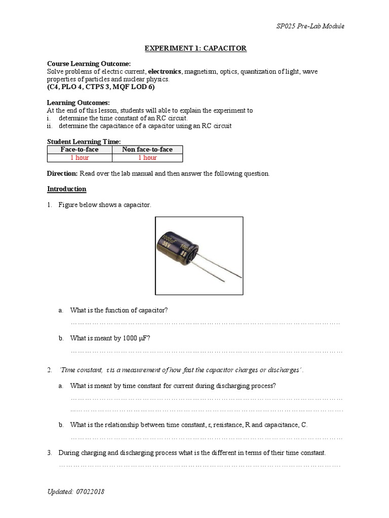 Experiment 1: Capacitor Course Learning Outcome:: SP025 Pre-Lab Module | PDF | Diffraction ...