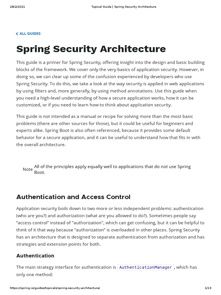 Spring Security Architecture | PDF | Spring Framework | Authentication Spring Security Architecture | PDF | Spring Framework | Authentication