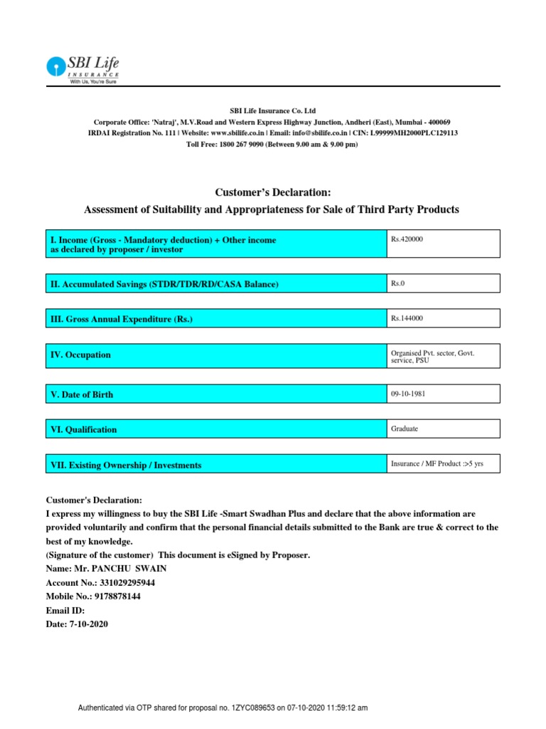 Customer's Declaration: Assessment of Suitability and Appropriateness ...